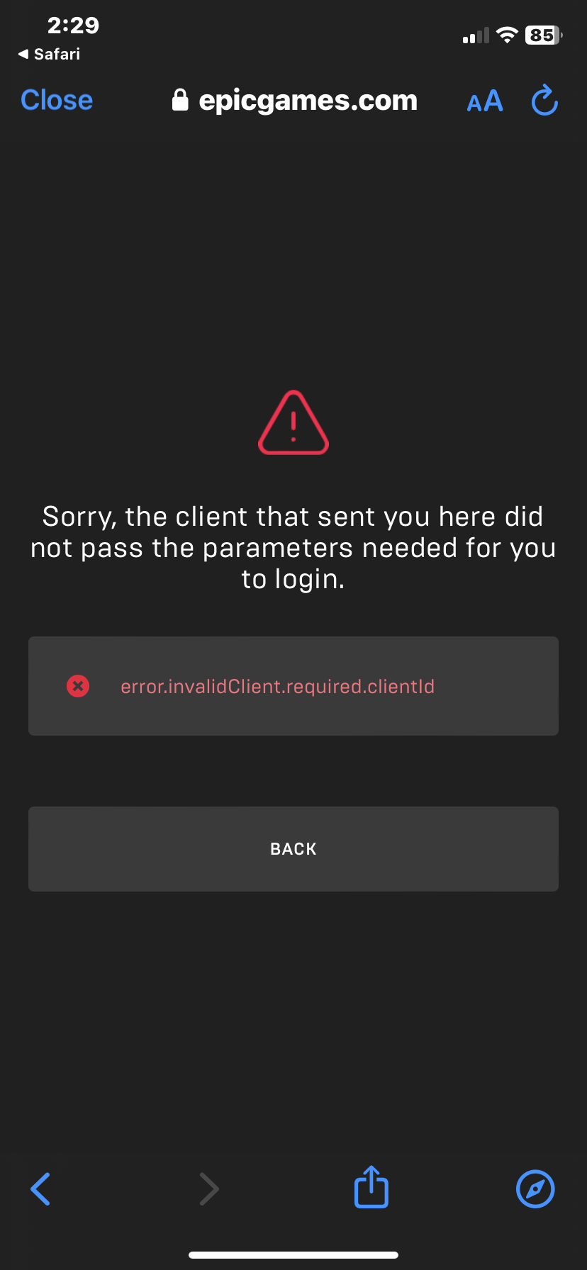 Error message trying to link Epic Games account